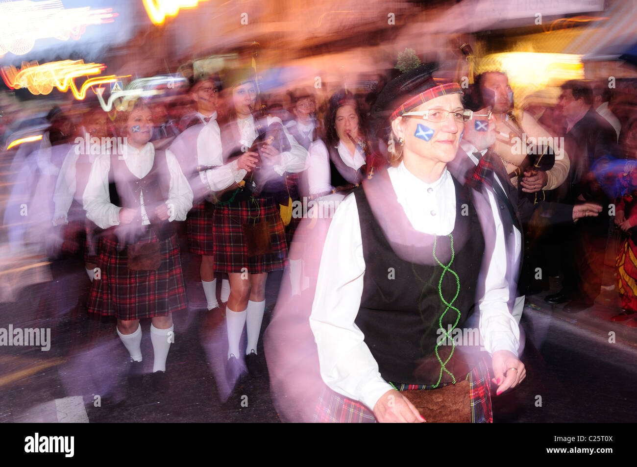 Women wearing Scottish clothes at a Carnival parade. Redondela, Galicia ...