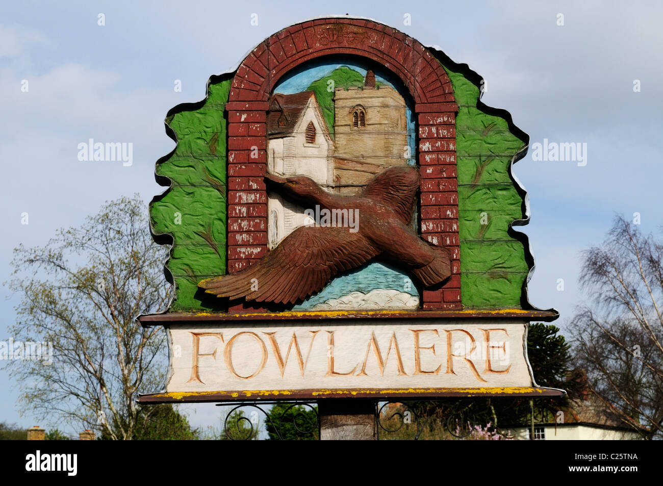 Fowlmere Village Sign, Cambridgeshire, England, UK Stock Photo - Alamy