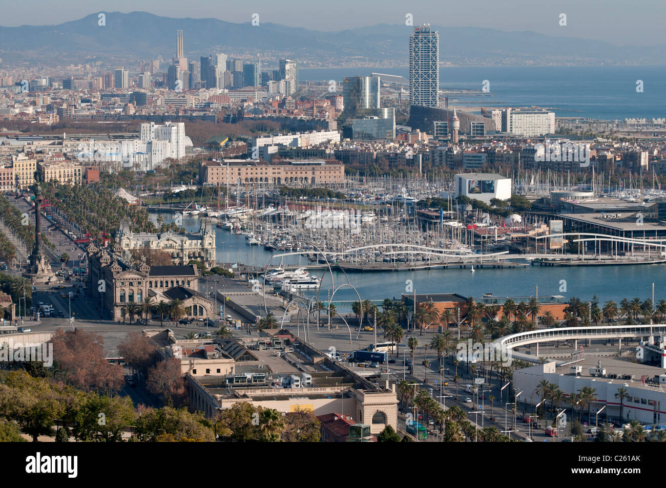 A view of Barcelona Harbor and Rambla del mar,Barcelona,Catalunya,Spain ...