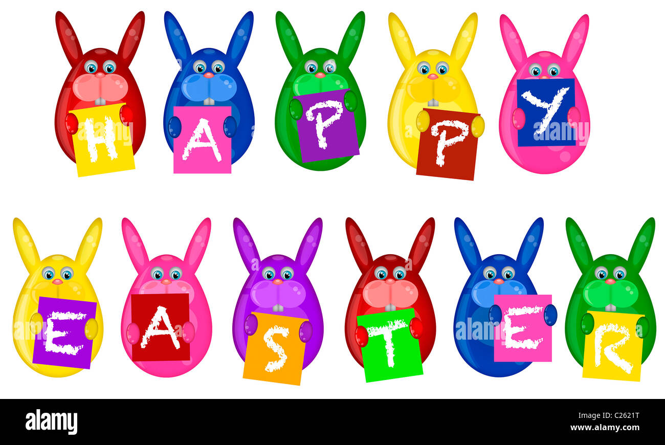 Easter bunny eggs holding alphabet letters greeting signs hi-res stock ...