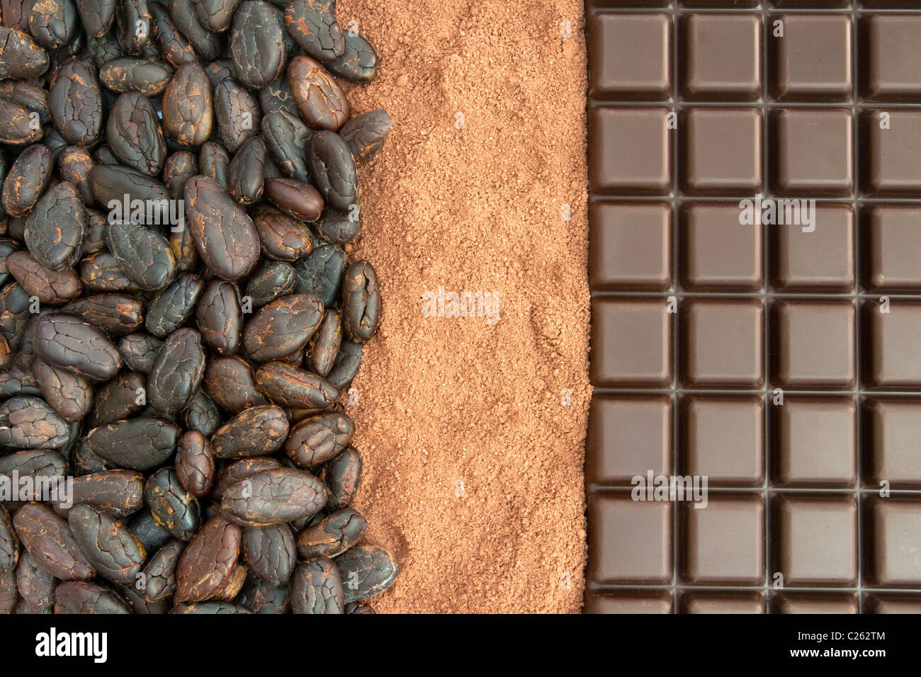 Bar of chocolate, cocoa powder and cocoa beans Stock Photo - Alamy