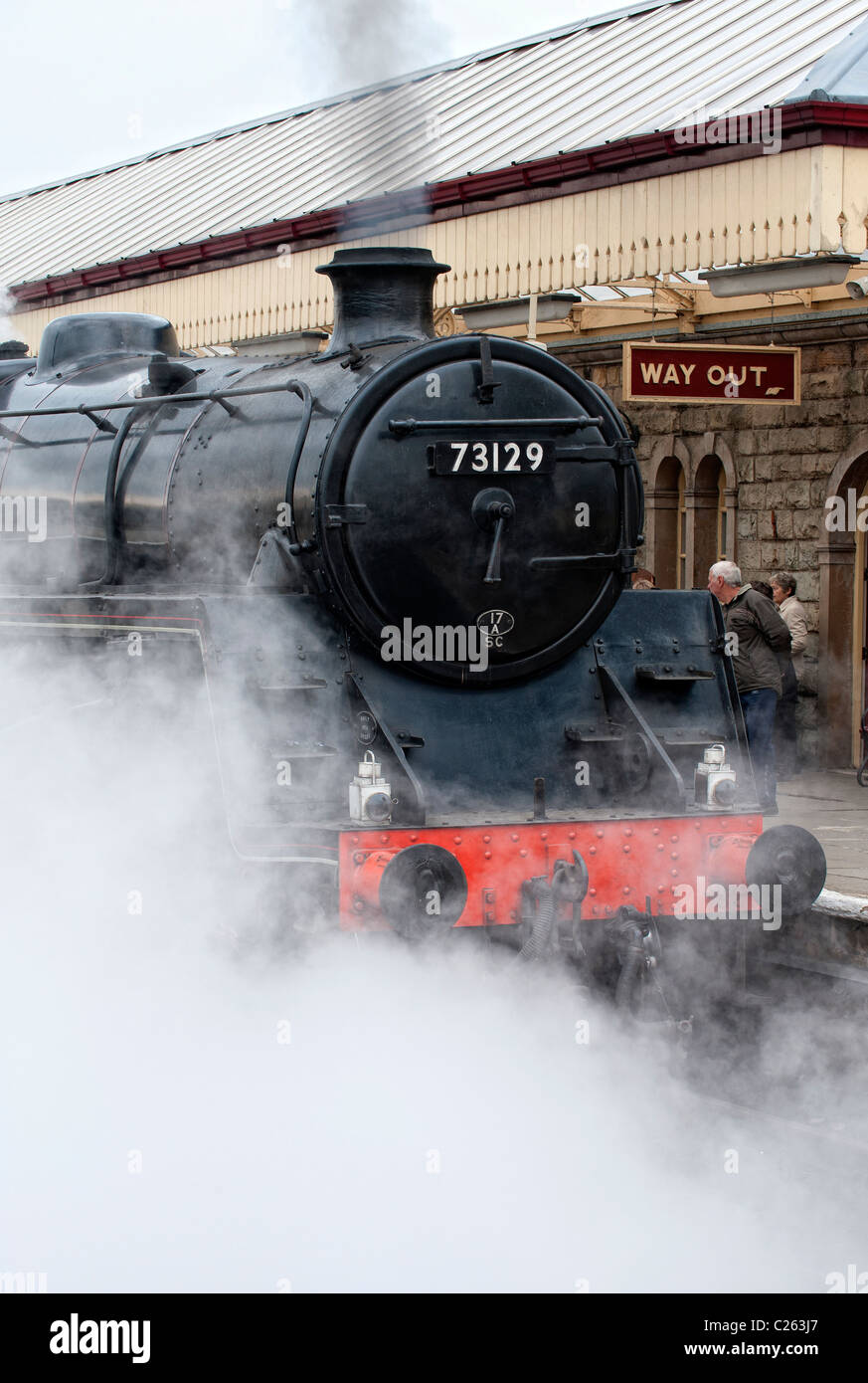 Standard Class 5 steam locomotive at Ramsbottom Station in Lancashire ...