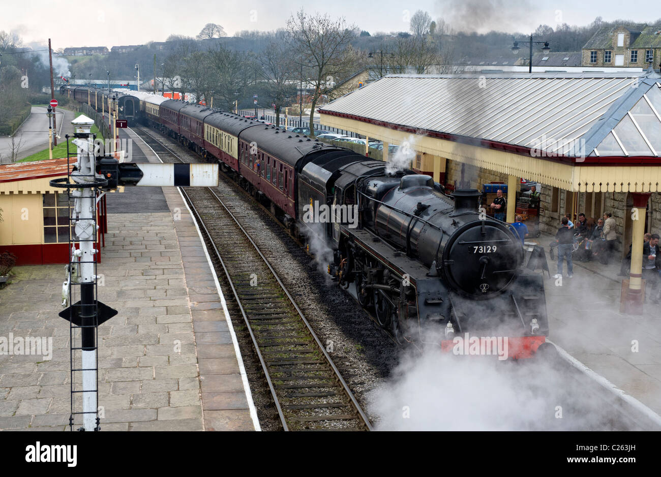 Standard Class 5 steam locomotive at Ramsbottom Station in Lancashire ...