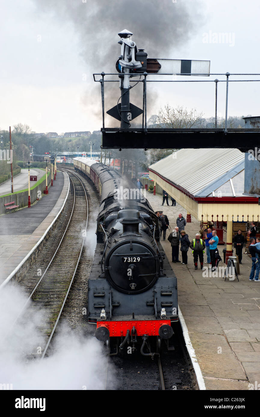Standard Class 5 steam locomotive at Ramsbottom Station in Lancashire ...