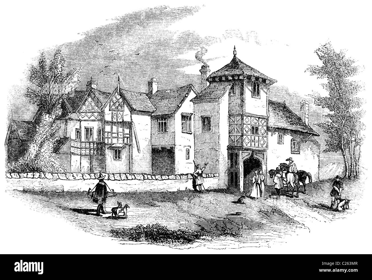 Hulme Hall, Lancashire, 16th Century Mansion, from 1840s wood engraving ...