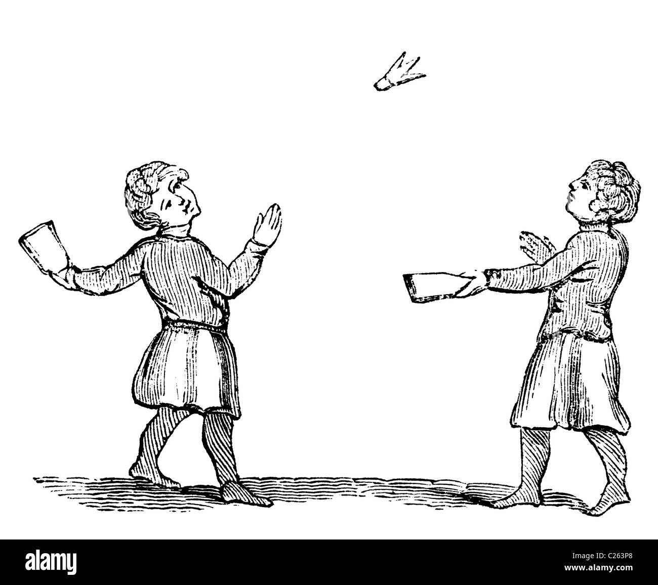 1845 woodcut, Early English game of Shuttle-cock, based on 15th century ...