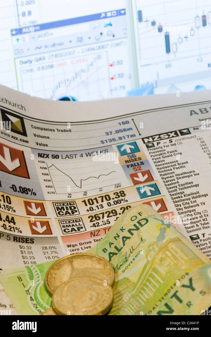New Zealand financial pages with currency - charts on monitor in ...