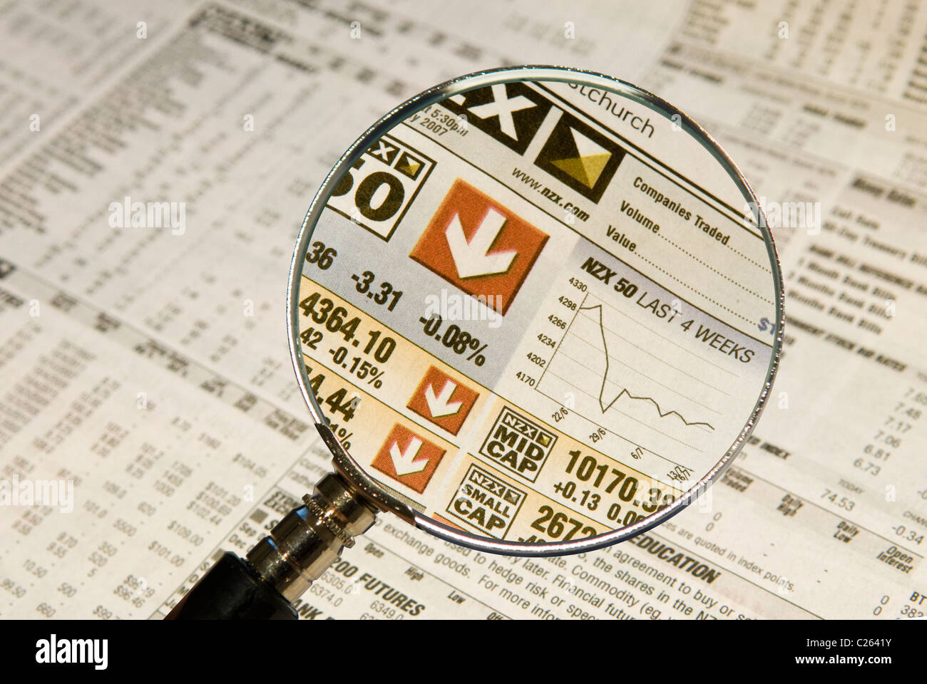 Magnifier showing different market data from background, in colour ...