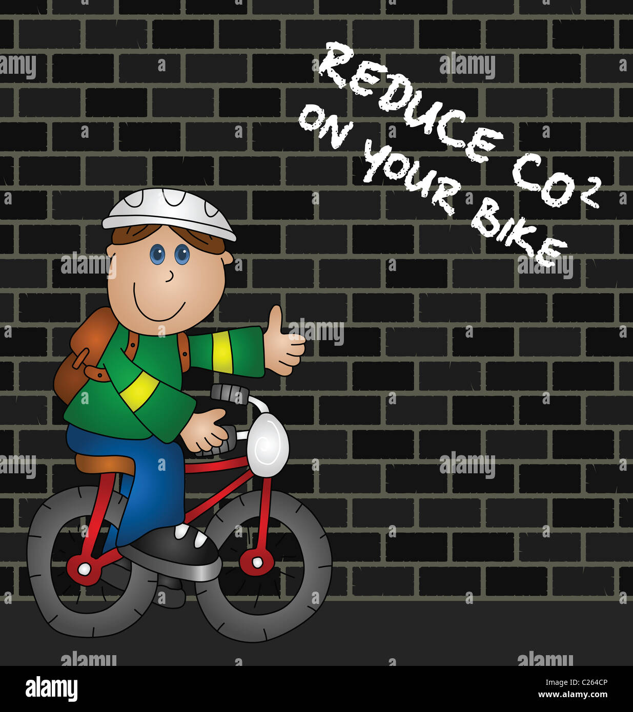 Cartoon cyclist and reduce CO2 emissions message Stock Photo - Alamy