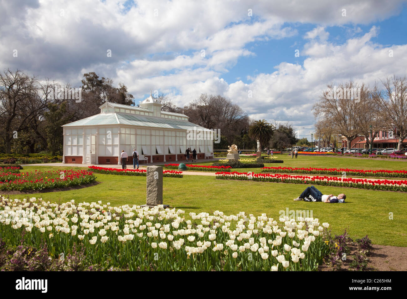 Historic conservatory gardens with tulips in bloom, Bendigo, Victoria ...