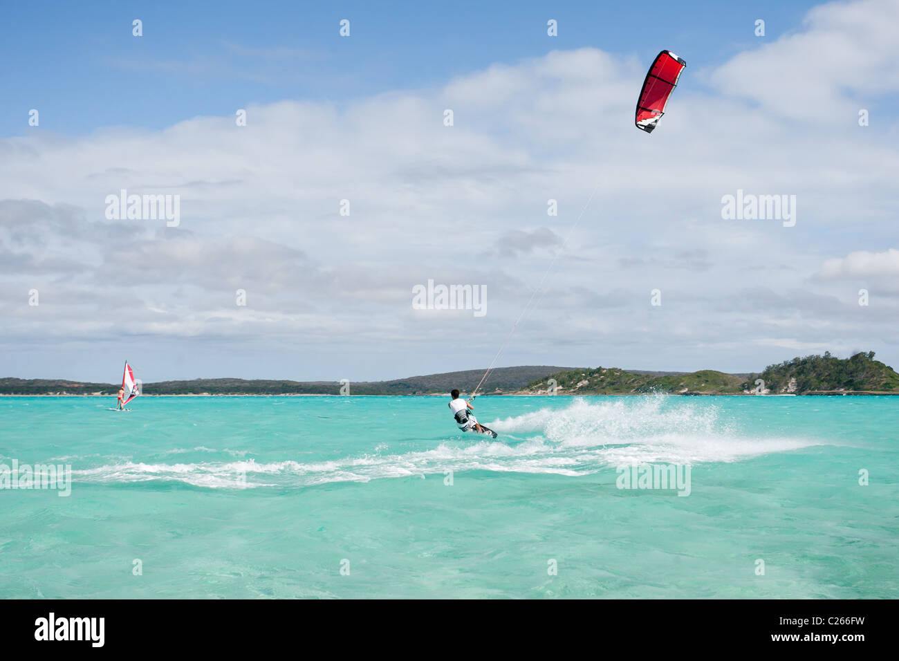 Male kitesurfer kitesurfing in the lagoon of Babaomby, Madagascar Stock ...
