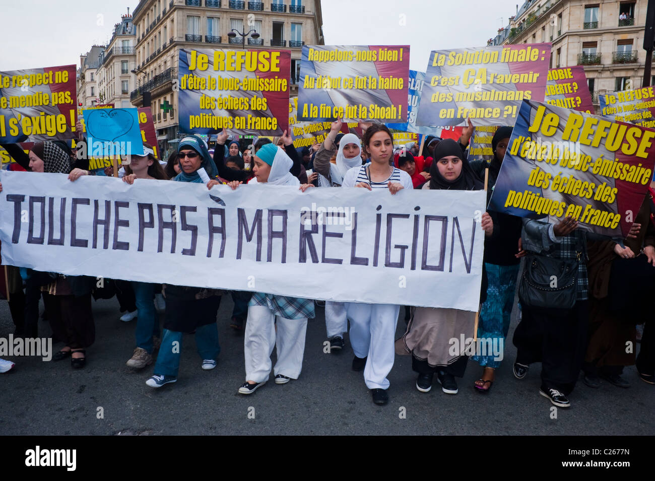 Paris, France, Crowd Protest of Muslim Women Marching and Children ...