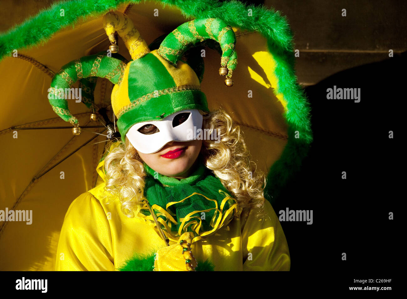 Clown in yellow and green, the Venice carnival, Venice Italy Stock ...