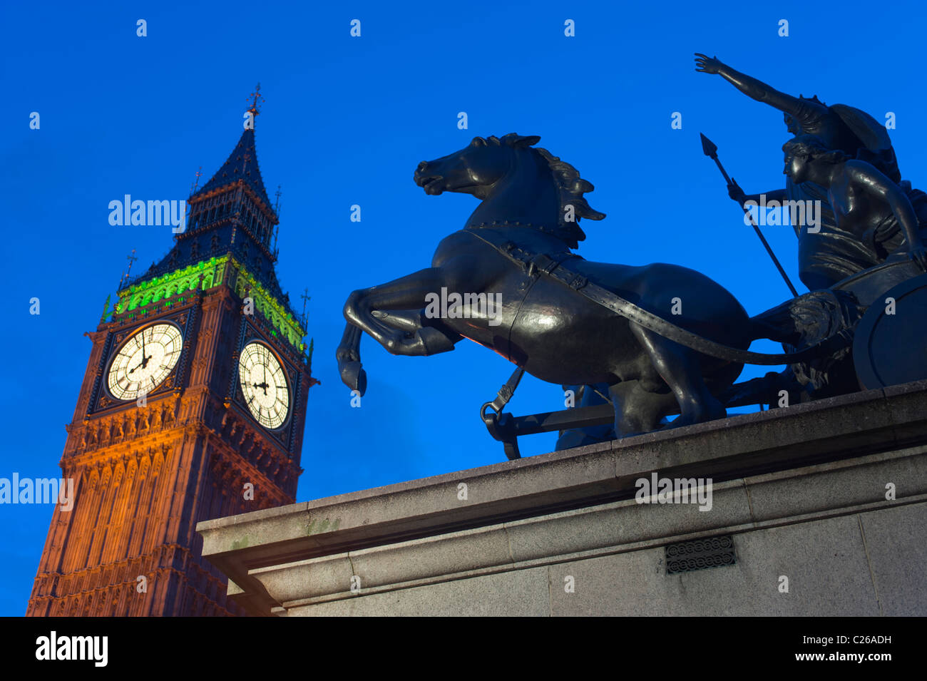Statue of Boudica (Boadicea) in her chariot with horses, and the Clock ...