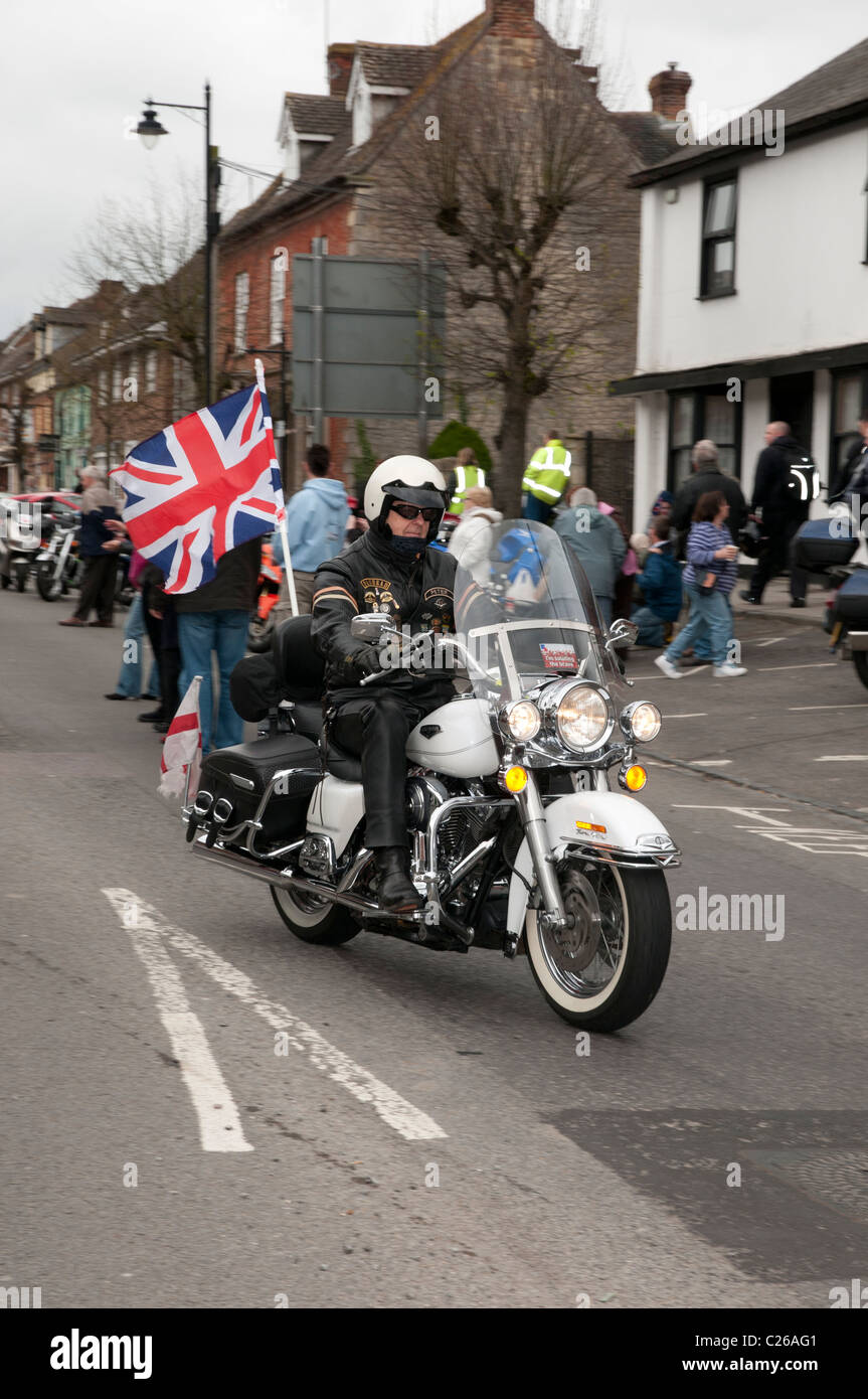 Patriotic Harley Davidson motorcyclist flying the Union Jack flag as he ...