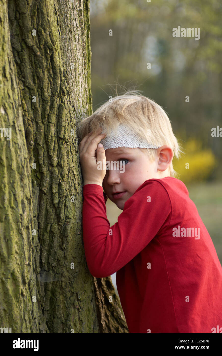Child blond boy playing hide - and - seek in park Stock Photo - Alamy