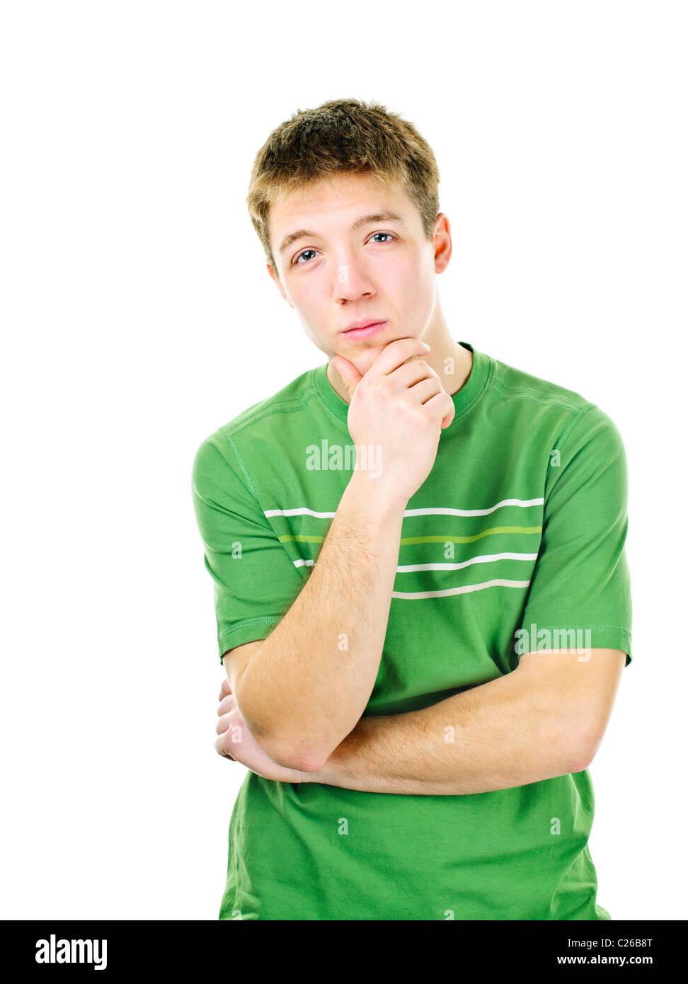 Thoughtful young man standing isolated on white background Stock Photo ...