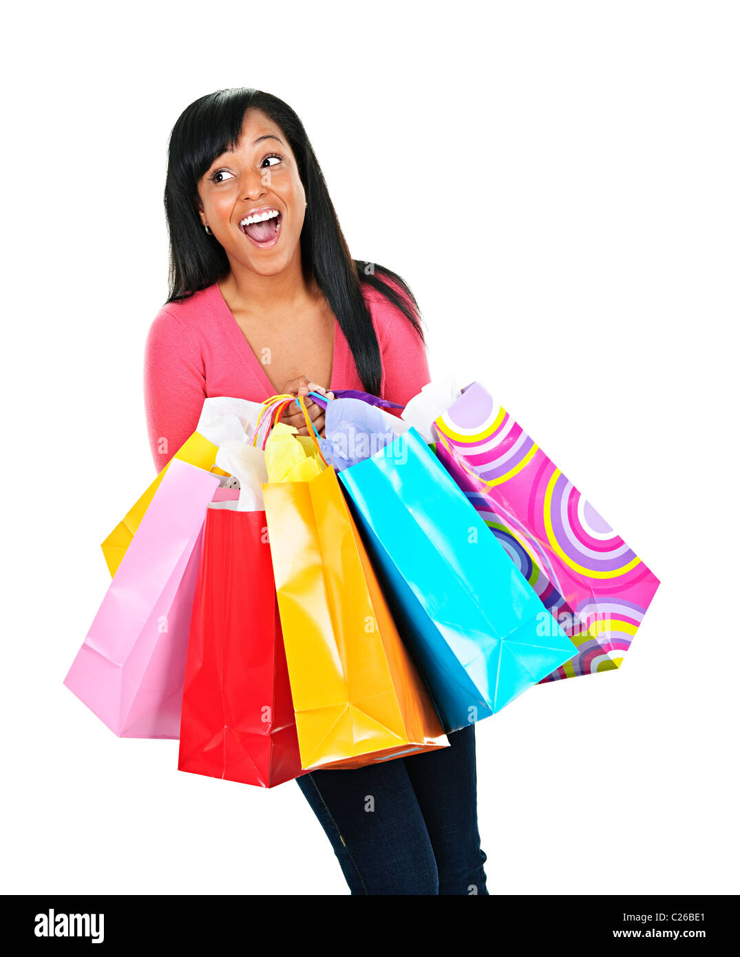 Young happy excited black woman holding shopping bags Stock Photo - Alamy