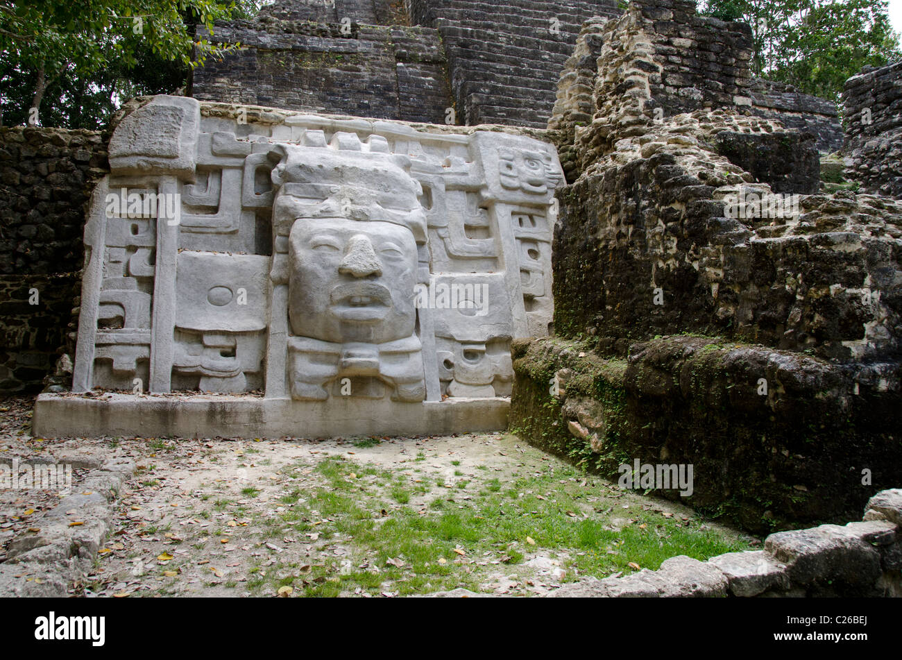 Central America, Belize, Lamanai. Historic Mayan ruins. Mask Temple ...