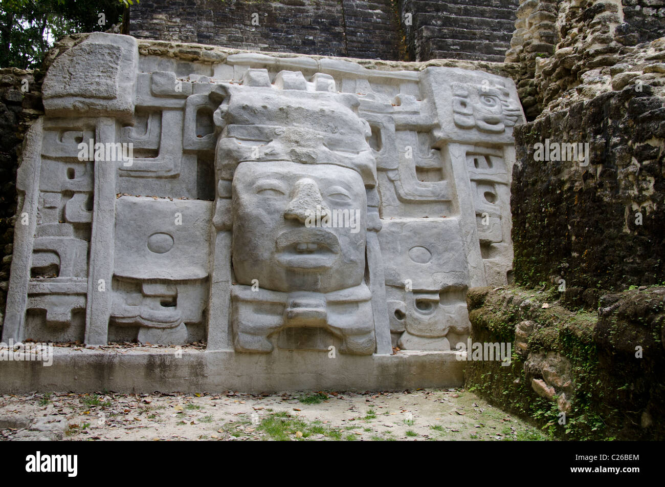 Central America, Belize, Lamanai. Historic Mayan ruins. Mask Temple ...