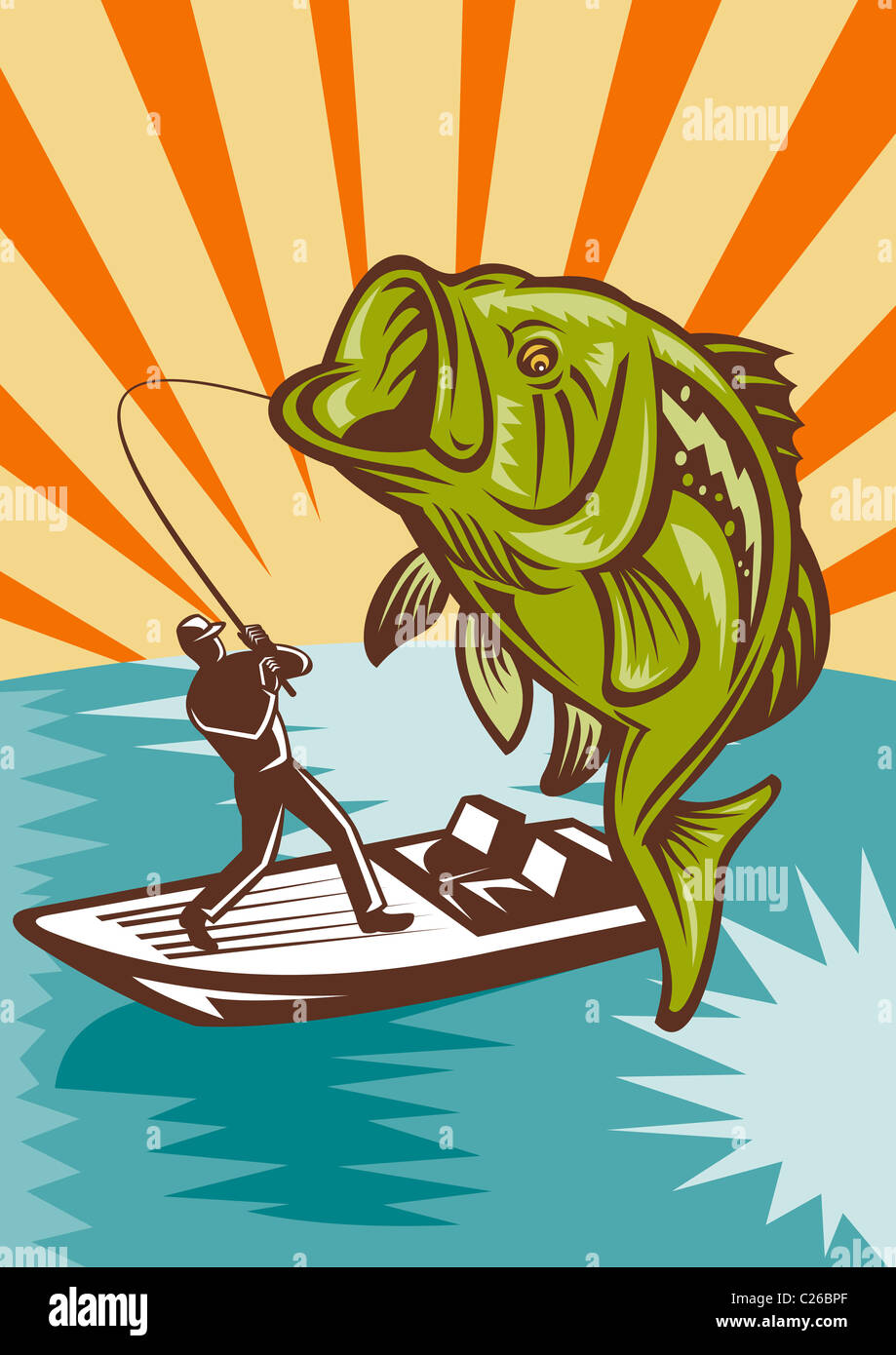 illustration of a Largemouth Bass Fish jumping being reeled by Fly ...