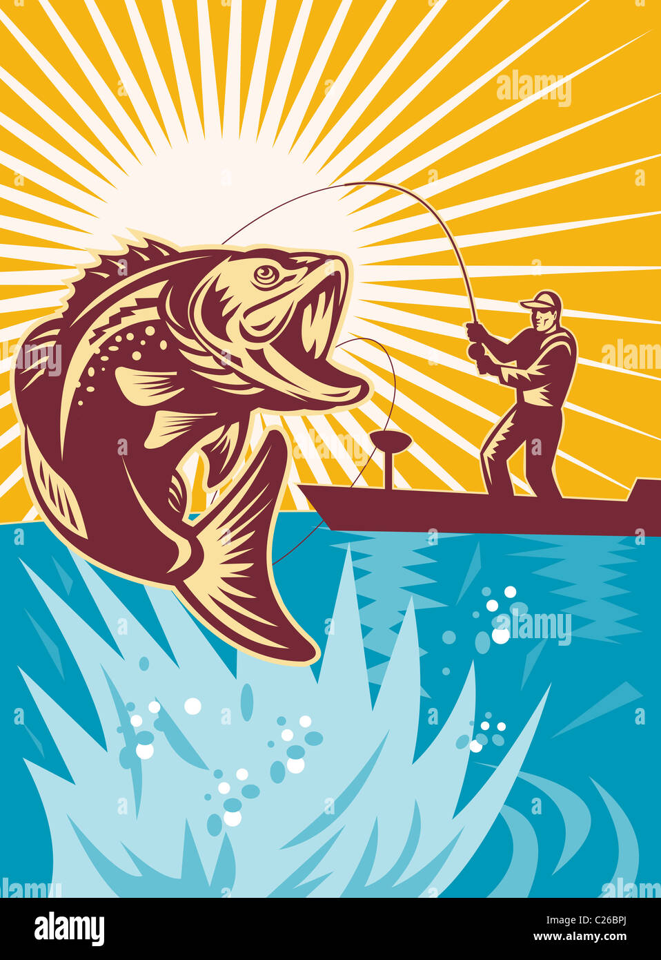 illustration of a Largemouth Bass Fish jumping being reeled by Fly ...