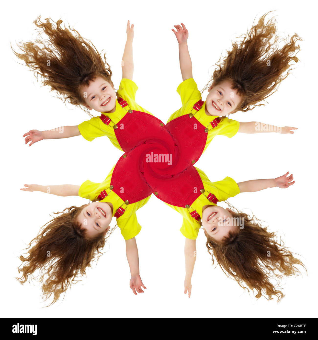 Cheerful collage - pinwheel of smiling little girls isolated on white ...