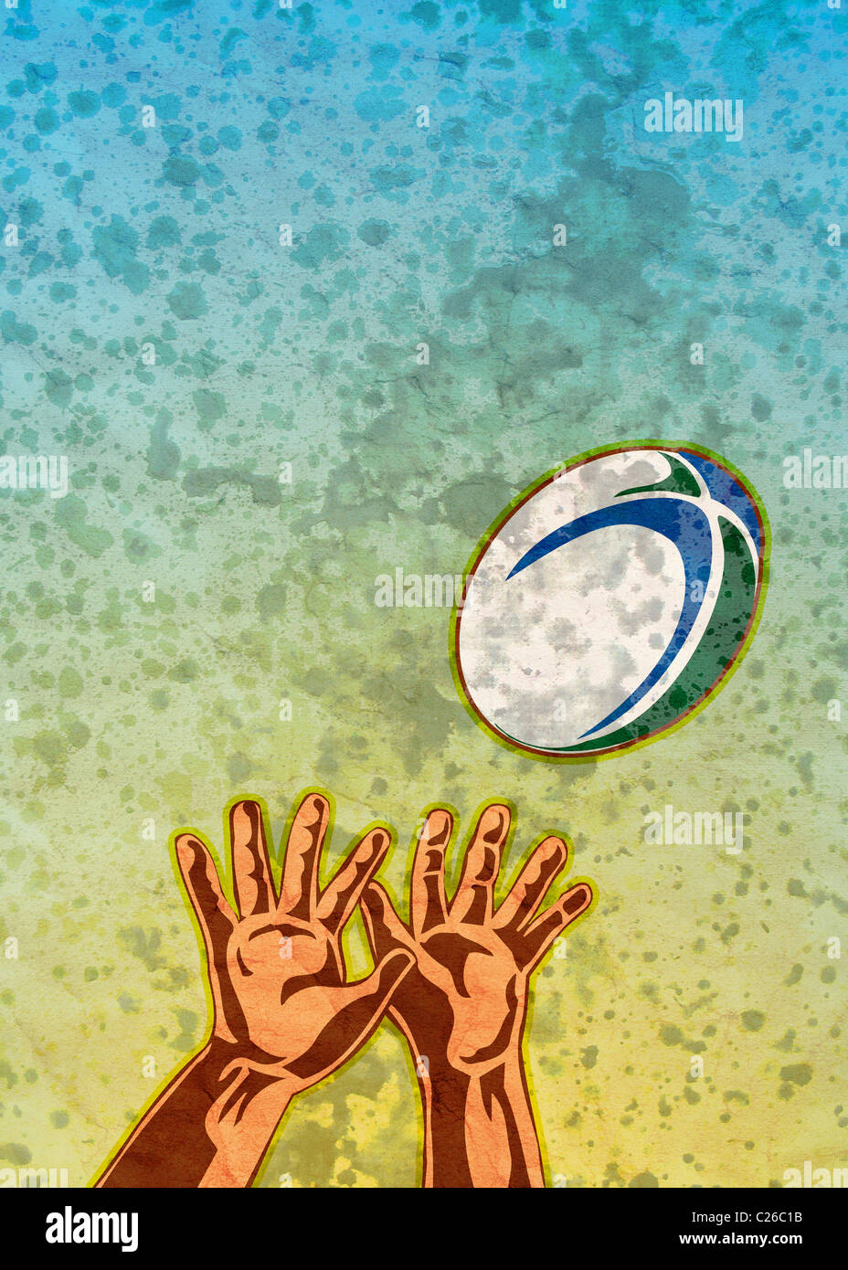 poster illustration of a rugby player hands catching ball with grunge ...