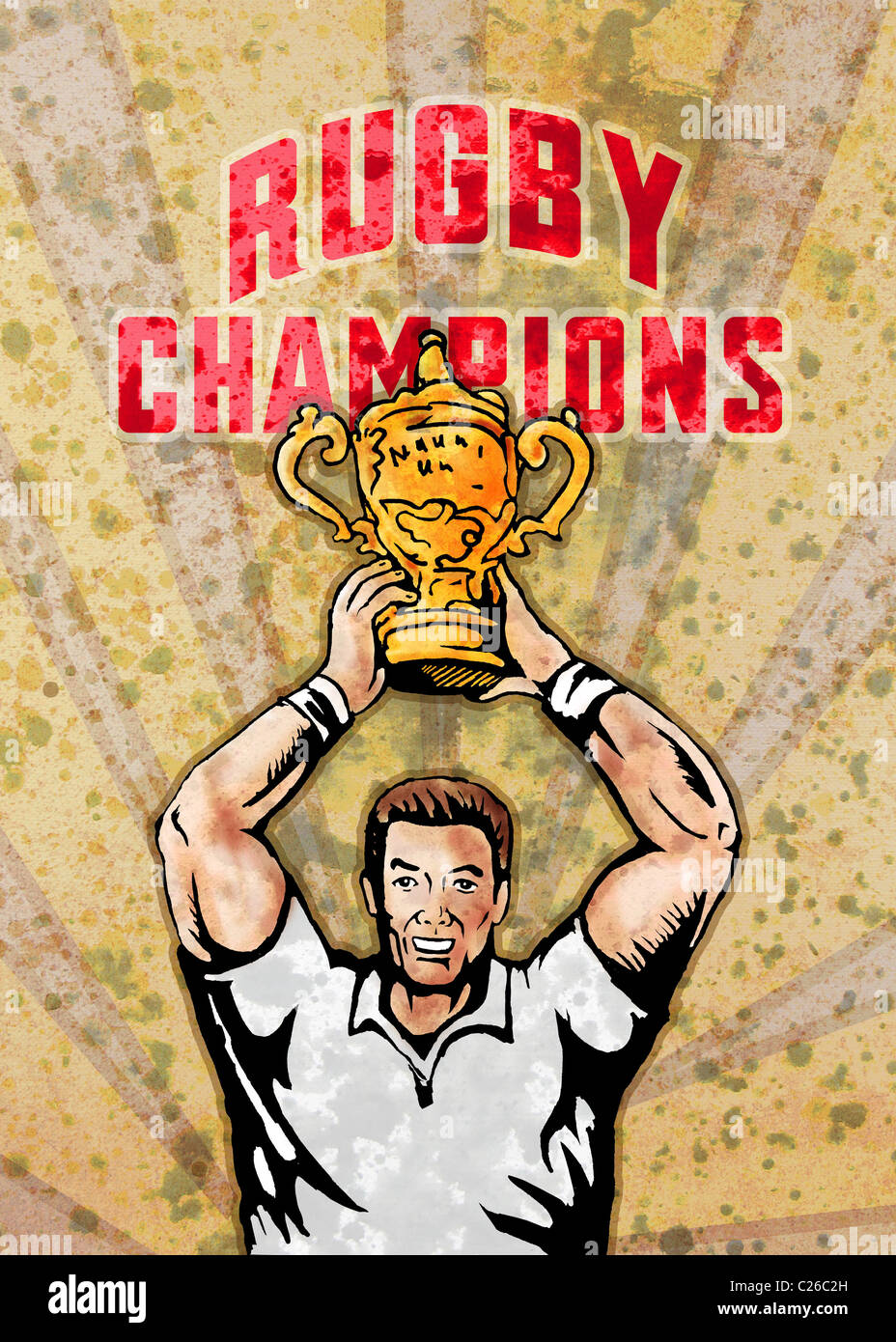 poster illustration of a rugby player raising championship world cup ...
