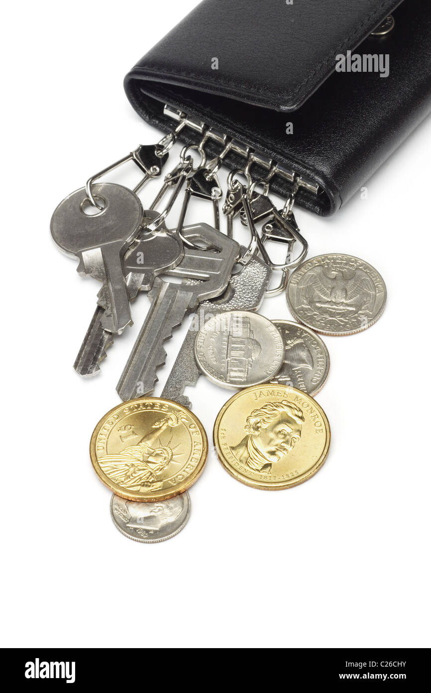 Bunch of keys and US coins on white background Stock Photo - Alamy