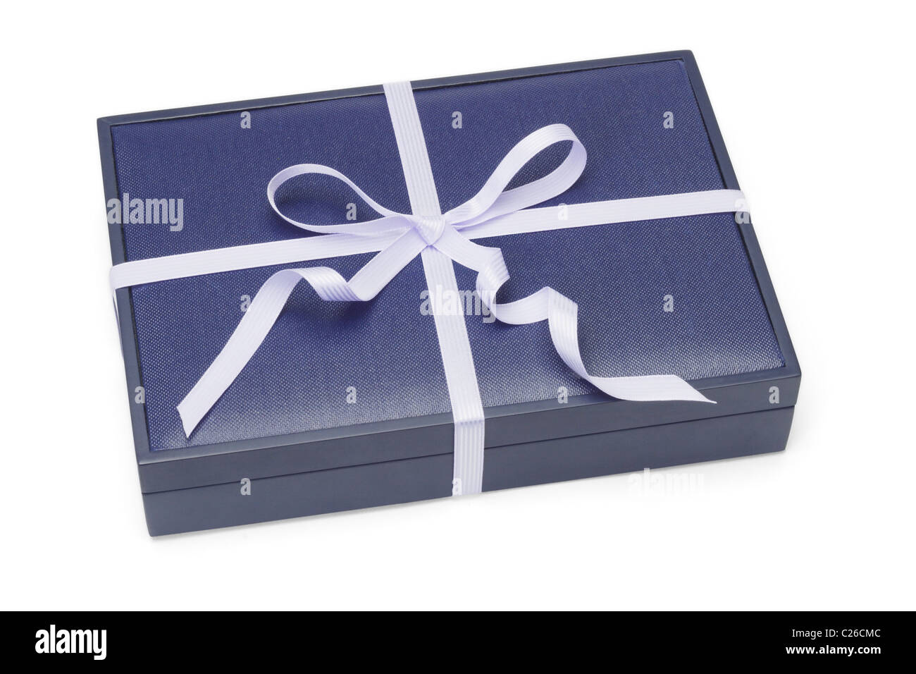 Blue gift box with ribbon on white background Stock Photo - Alamy