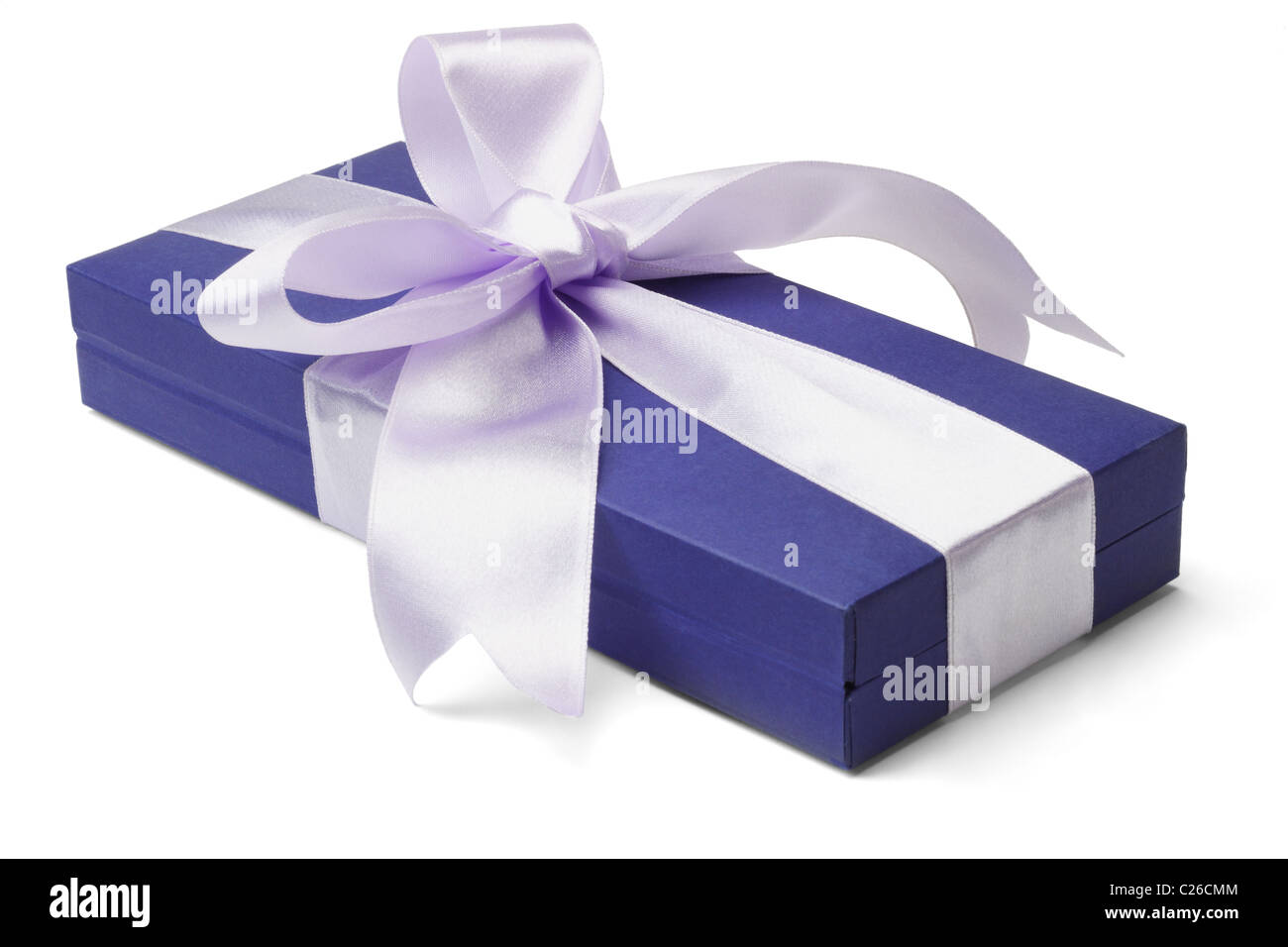 Blue gift box with big bow ribbon on white background Stock Photo - Alamy