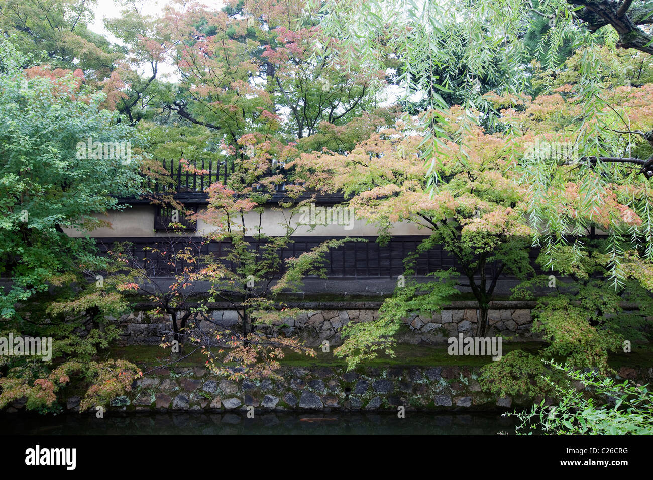 Preserved black-and-white building, willow trees, and Japanese maples ...