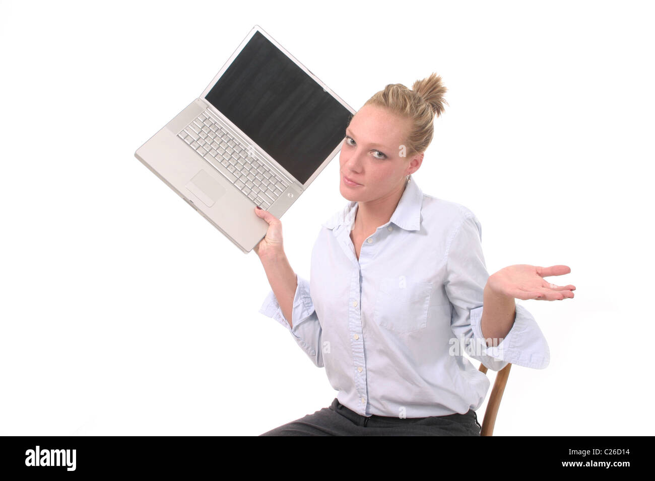 Gesturing and possibly frustrated young woman seriously considering ...