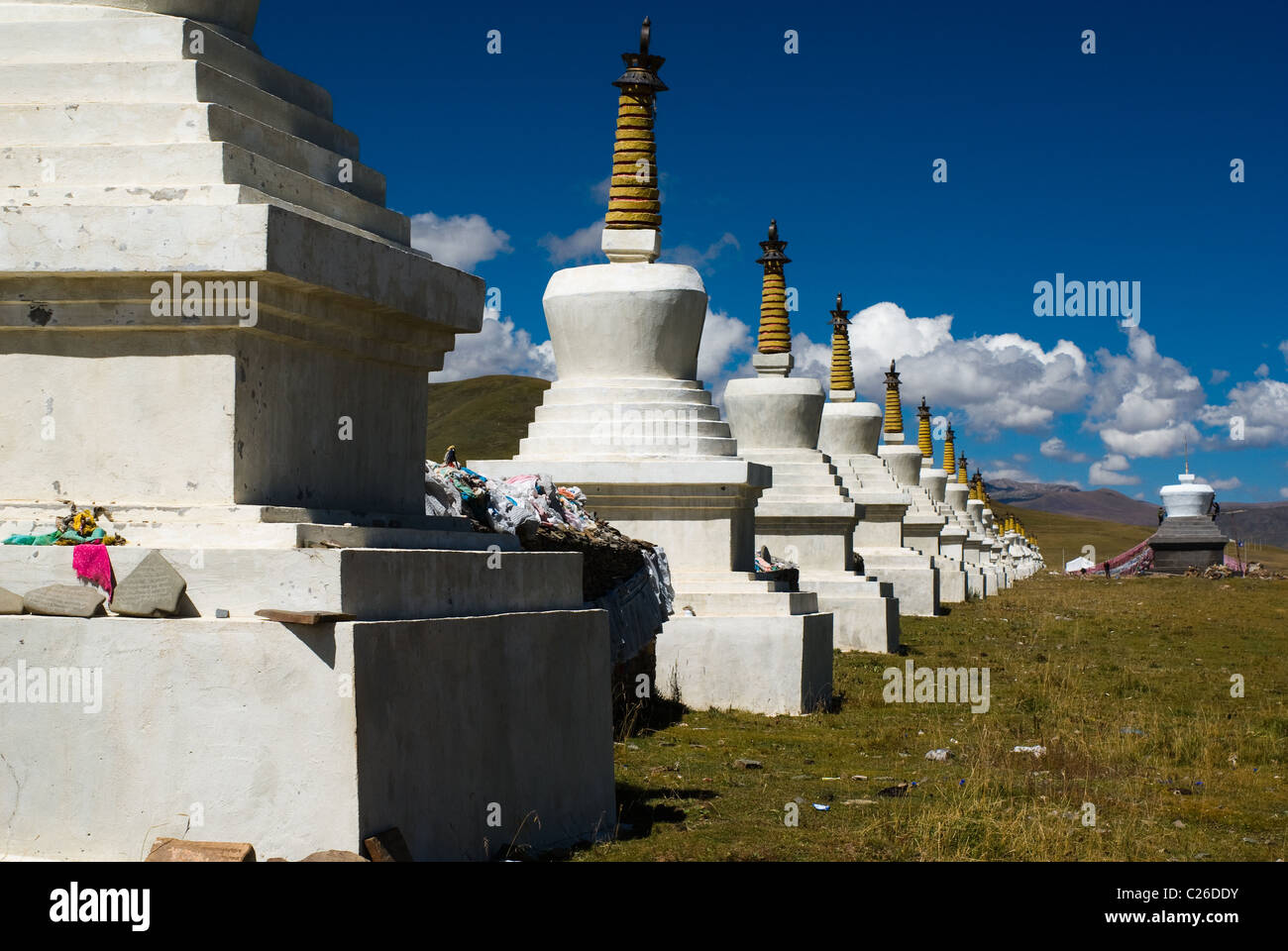Never ending strait line of stupas up to horizon in the flat grassland ...