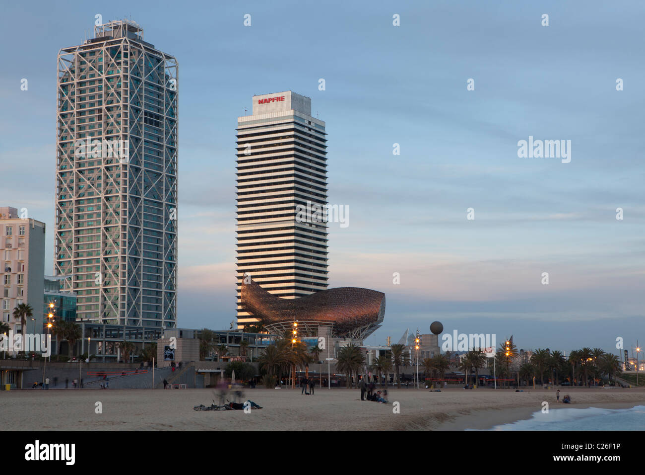 Mapfre tower and Arts Hotel from Barceloneta beach, Barcelona, Spain ...