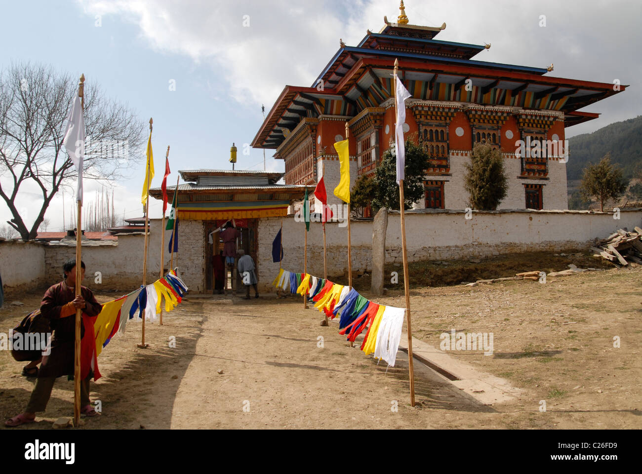 Entrance of the monastery in Ura, central Bhutan, being prepared for a ...