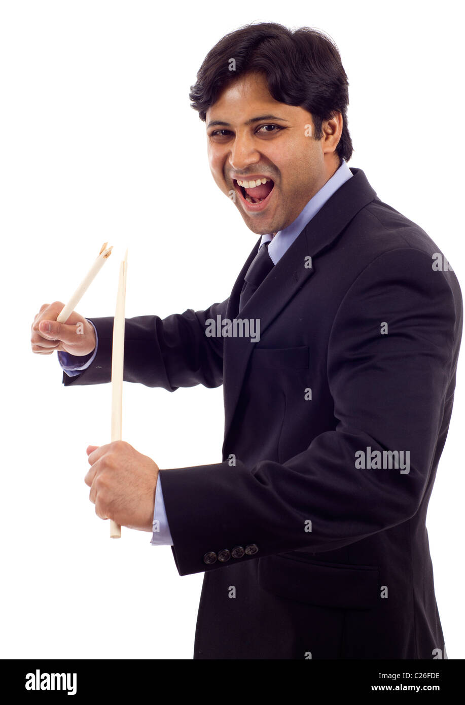 Excited Indian business man broke the stick into two pieces isolated ...