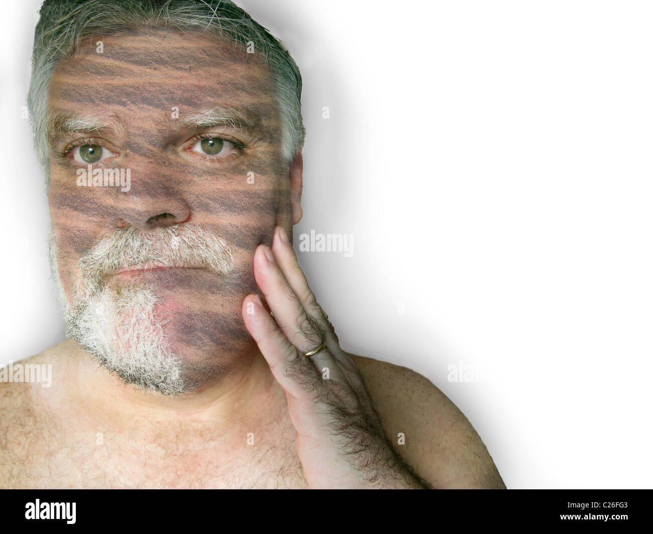 Man in the medium shaving on a white background with the camouflaged ...