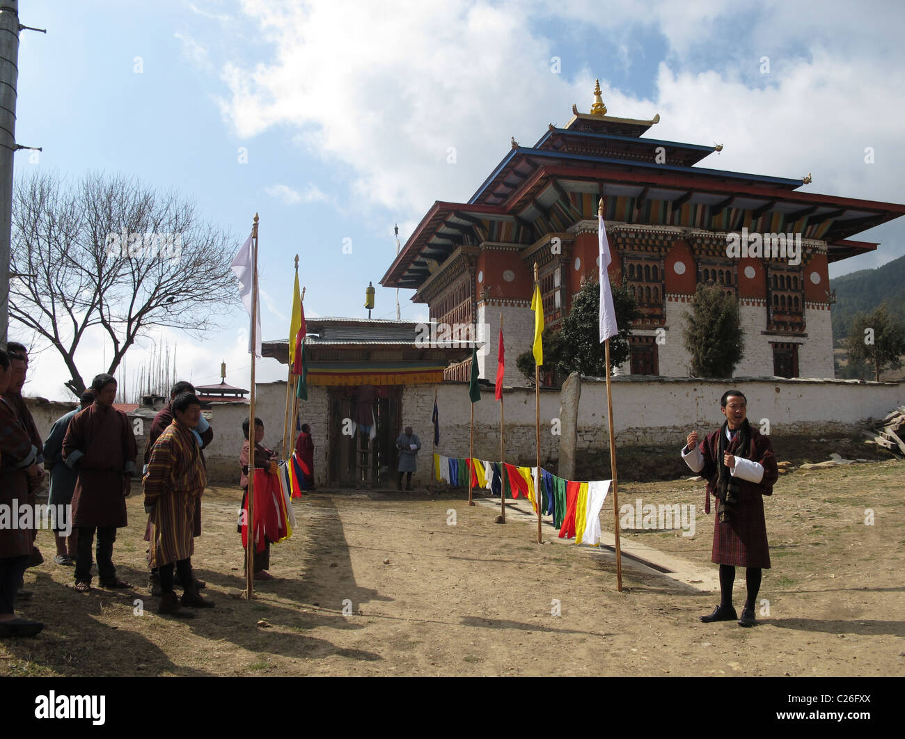 Entrance of the monastery in Ura, central Bhutan, being prepared for a ...
