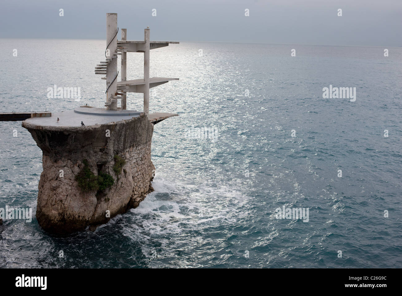 Abandoned diving platform facing the open sea. Marina of Nice, French ...