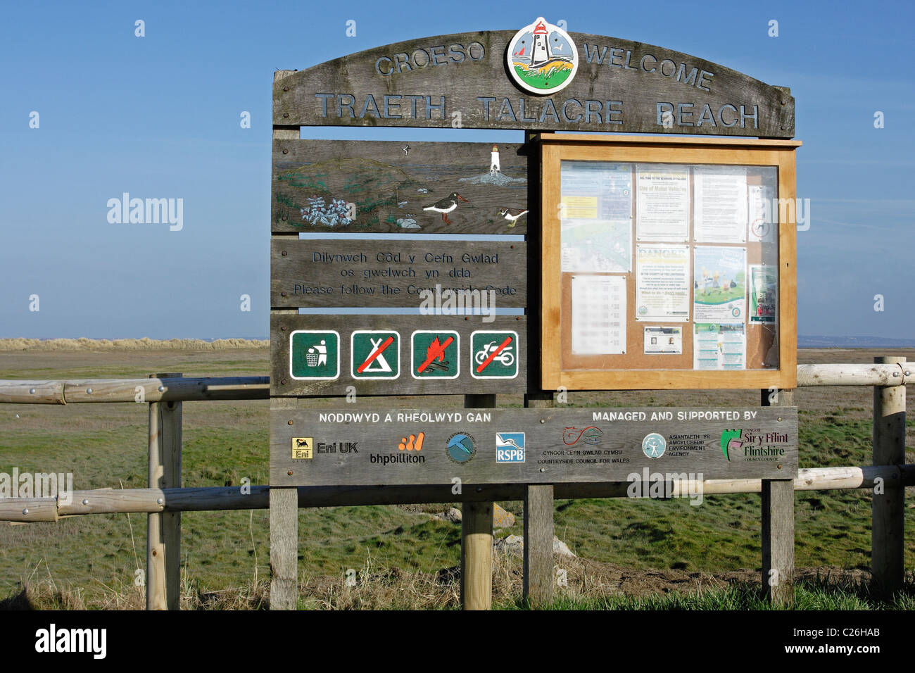 A "welcome to Talacre Beach" sign outlining the facilities available ...