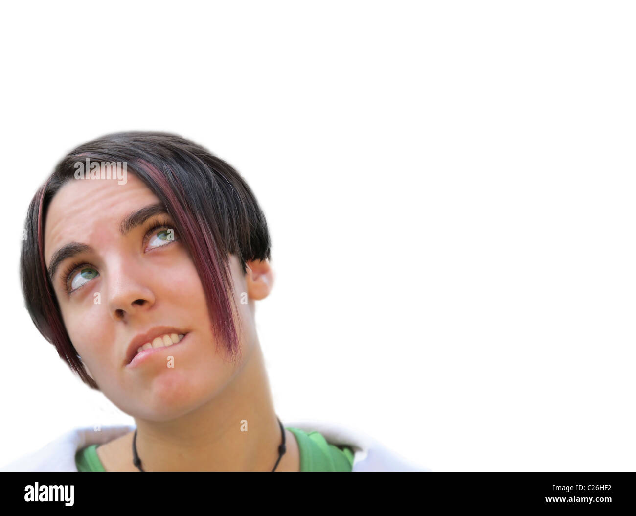 Young woman hesitated on a white background Stock Photo - Alamy