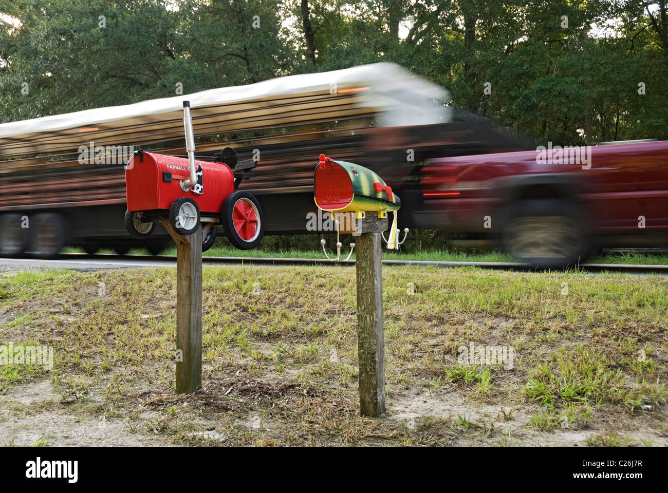 rural roadside mailboxes in shape of farm tractor & largemouth bass ...