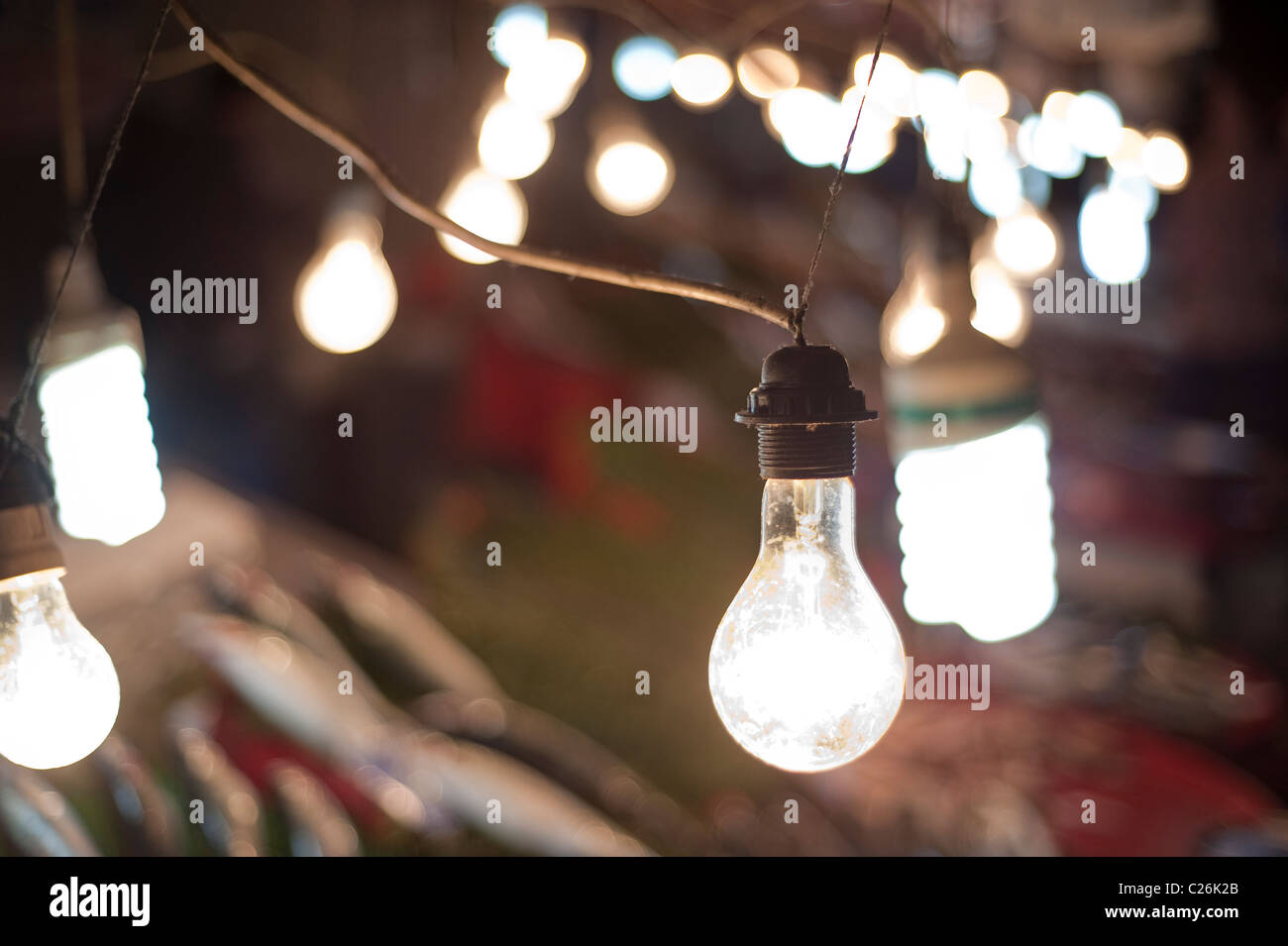Lightbulbs illuminating fish stall in Istanbul market Stock Photo - Alamy