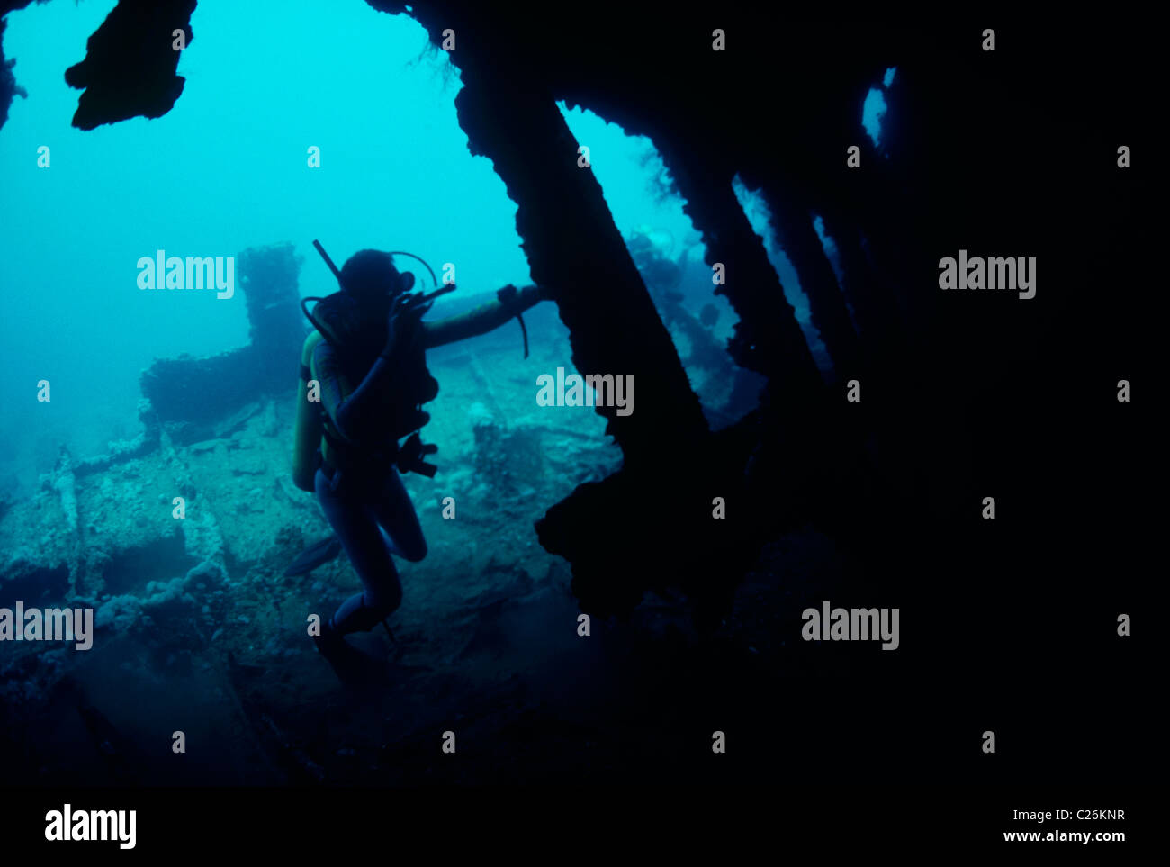 Diver exploring the 120 year old shipwreck "Dunraven" . Red Sea - Egypt ...