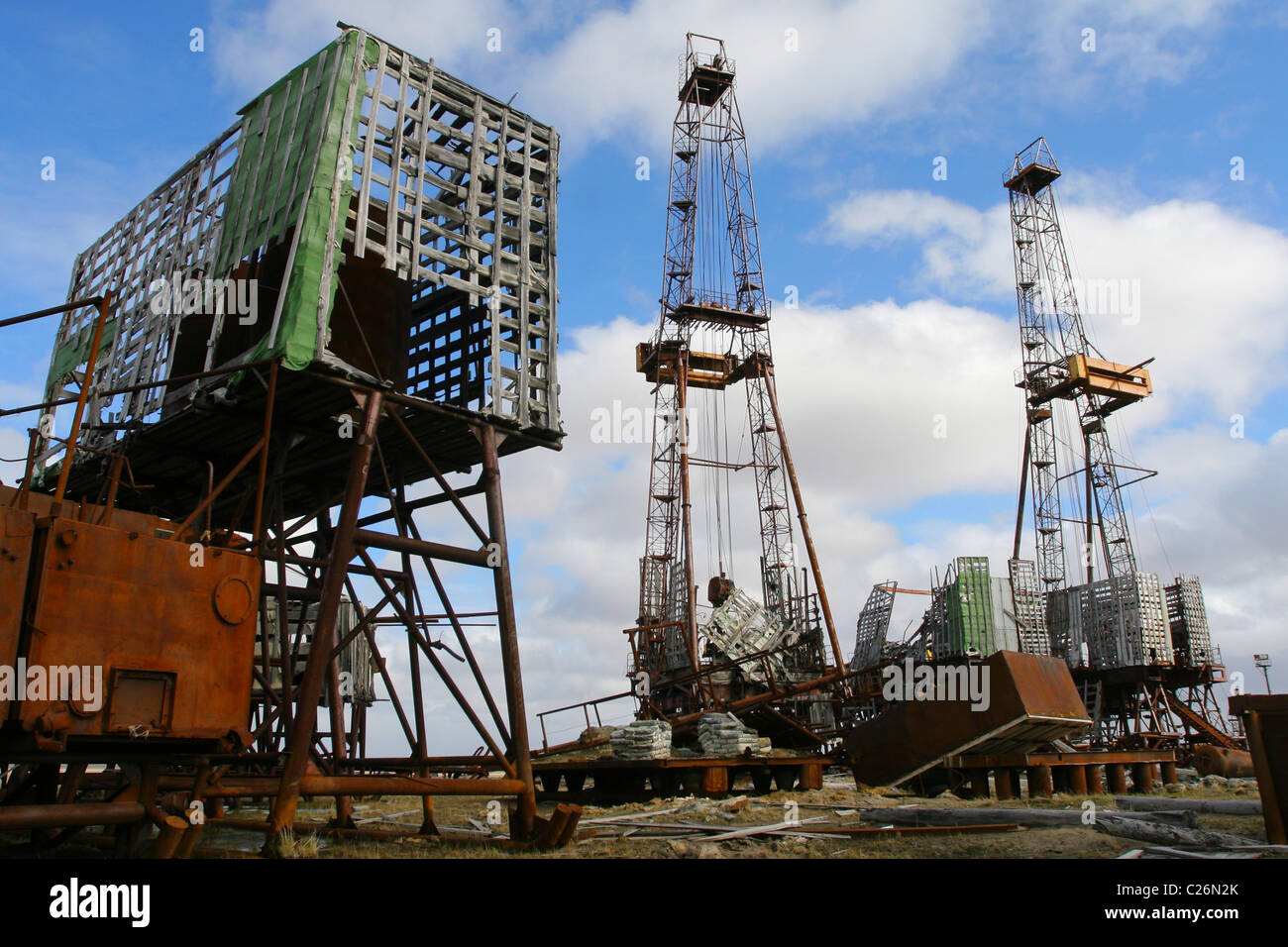 Two derricks. Storage of drilling equipment in the settlement Sabetta ...
