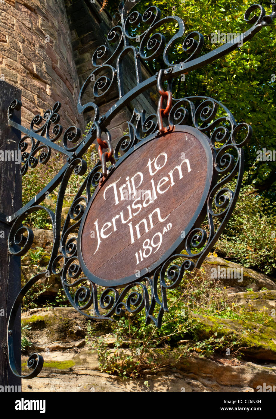 Sign outside Ye Olde Trip To Jerusalem pub Nottingham England UK which ...