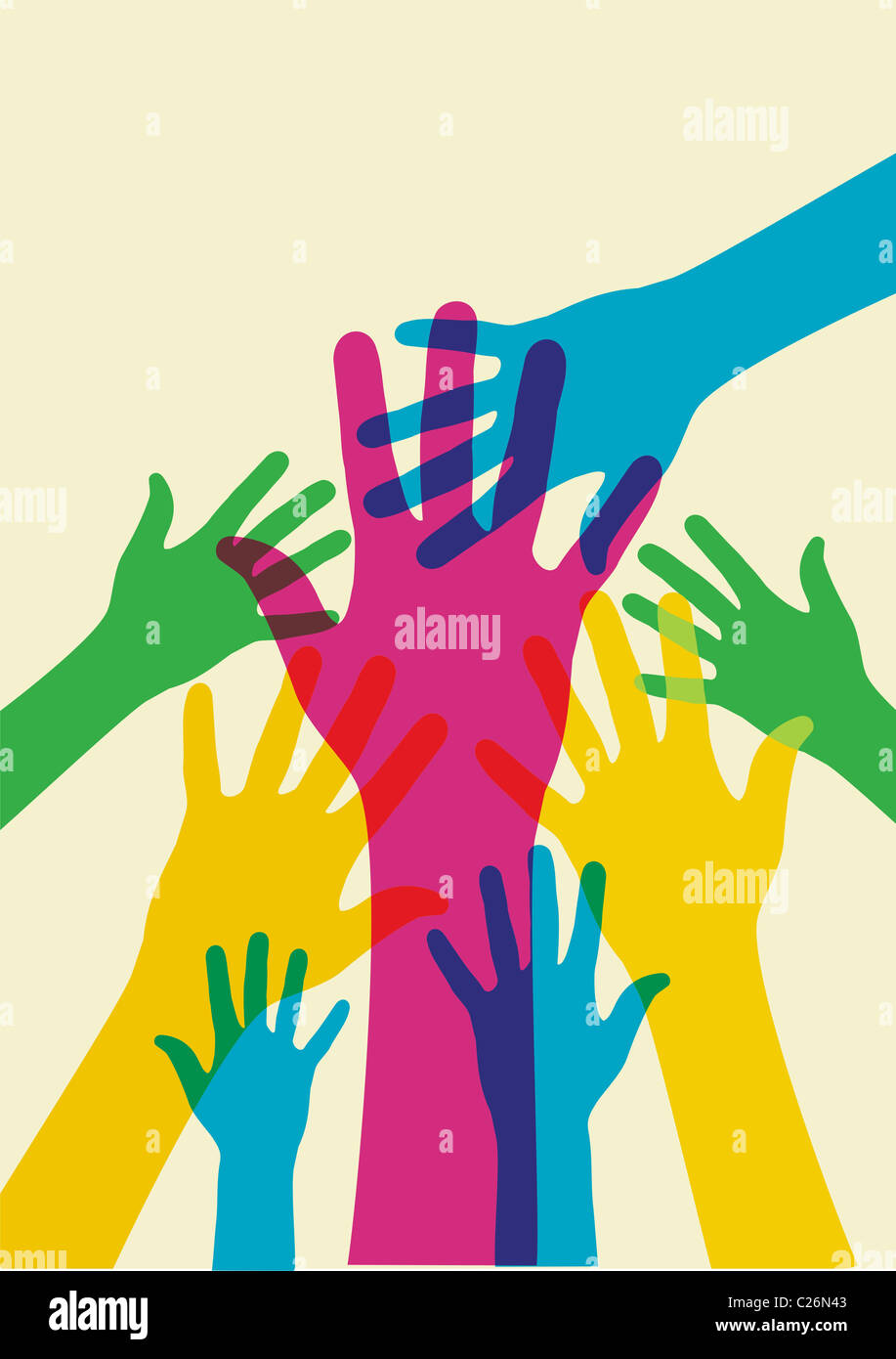 multicolored hands illustration over a light background. Vector file ...