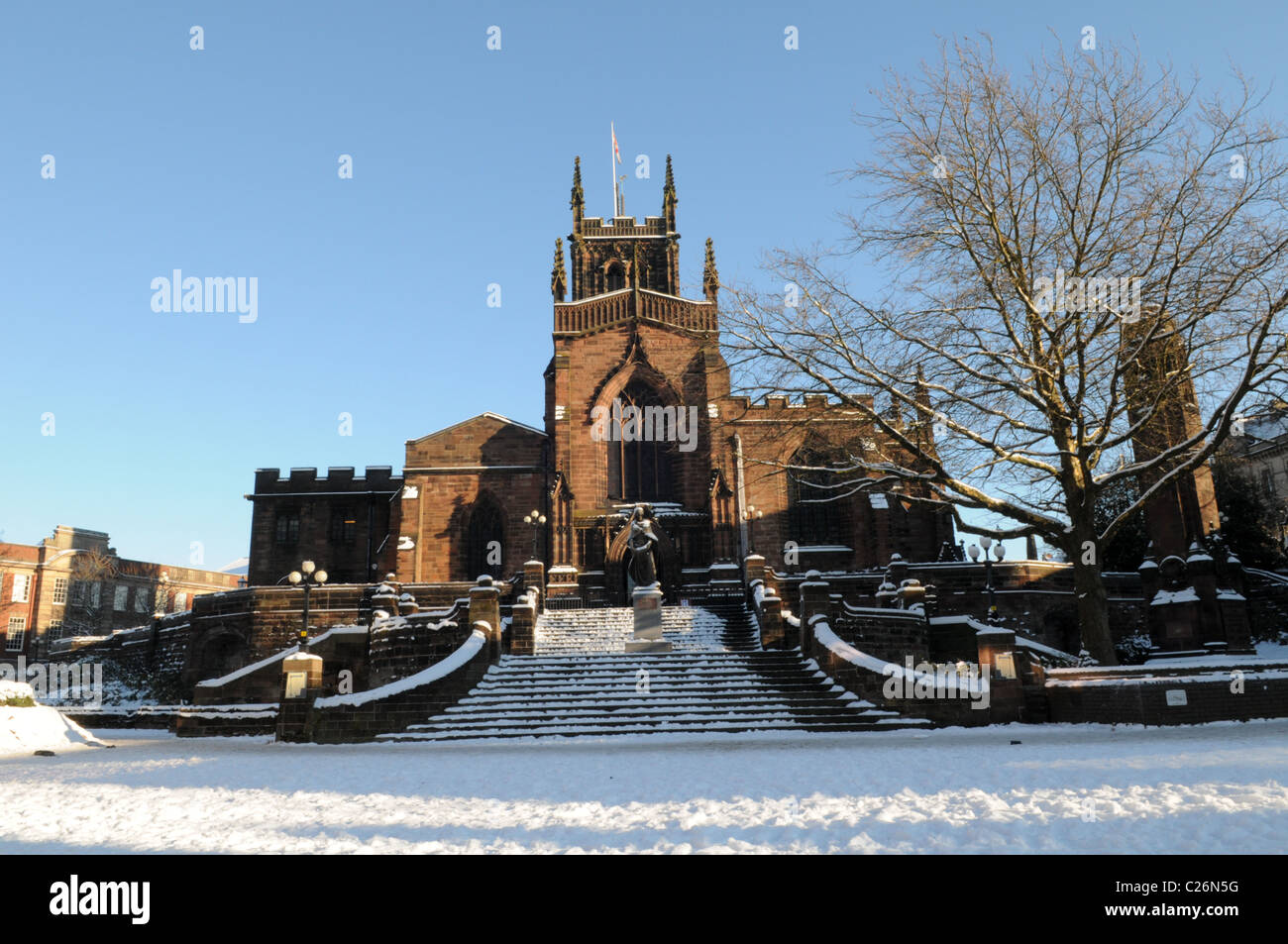 View of St Peter's Collegiate Church, Wolverhampton, covered in snow ...